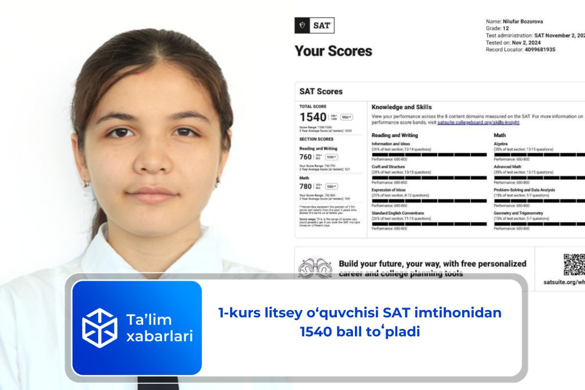 1-kurs litsey o‘quvchisi SAT imtihonidan 1540 ball toʻpladi - Ta’lim ...