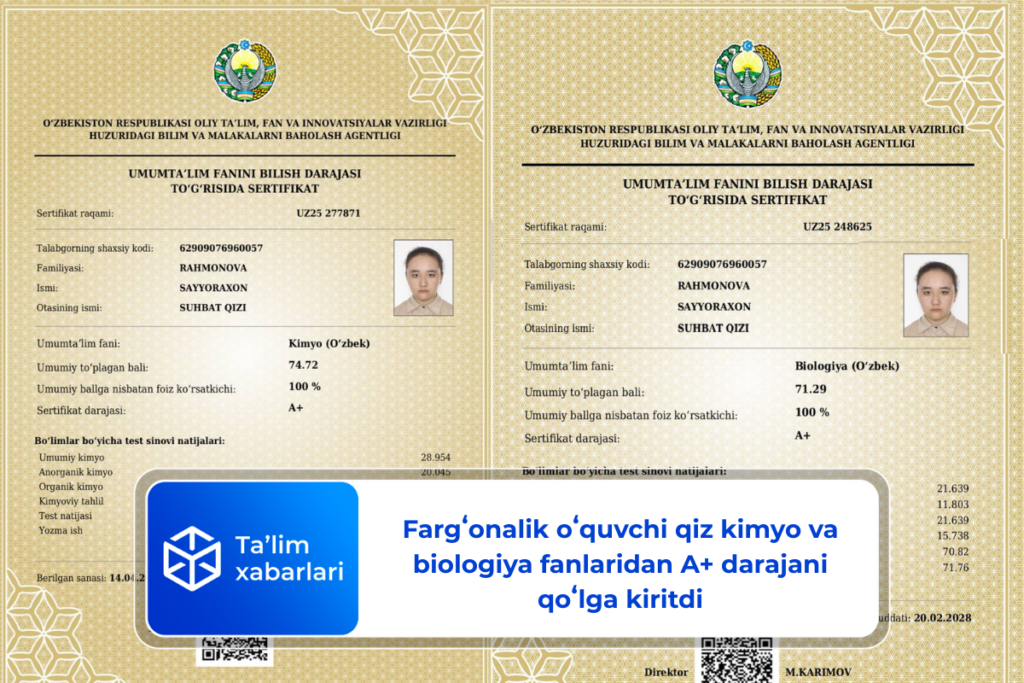 Fargʻonalik oʻquvchi qiz kimyo va biologiya fanlaridan A+ darajani ...