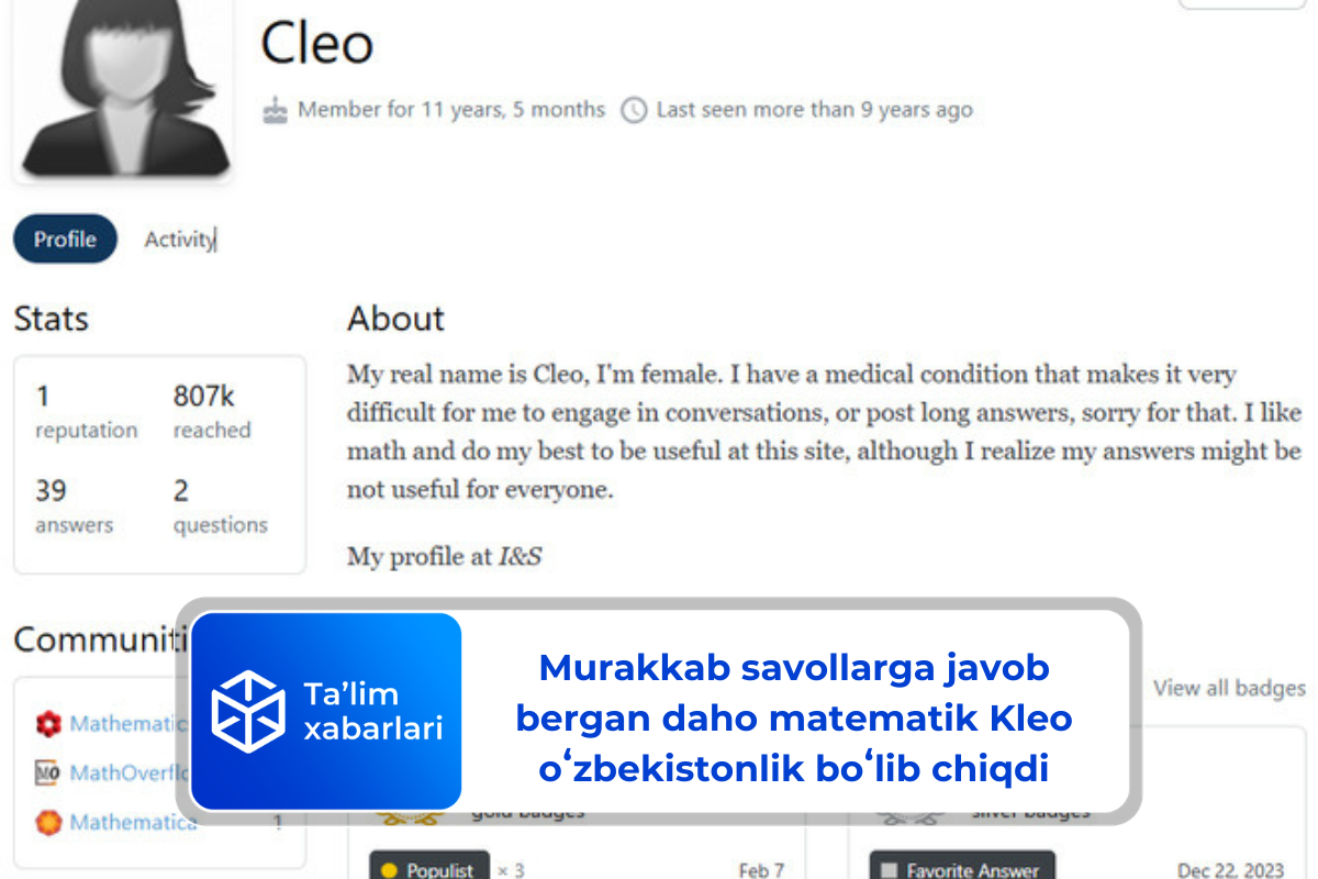 Murakkab savollarga javob bergan daho matematik Kleo oʻzbekistonlik ...