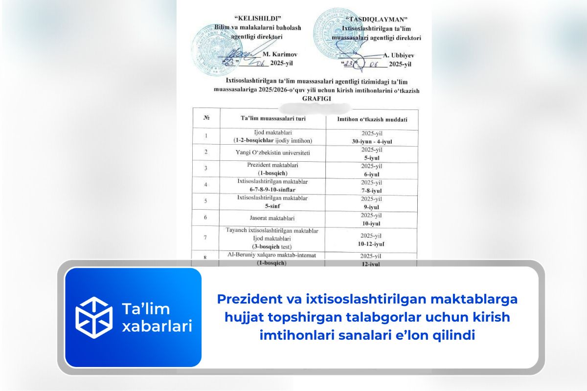 Prezident va ixtisoslashtirilgan maktablarga hujjat topshirgan talabgorlar uchun kirish ...